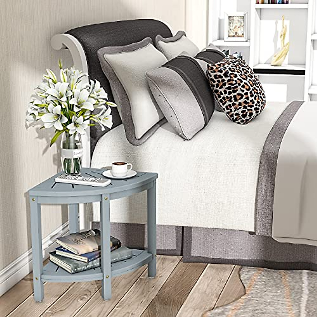 Bamfan Bamboo Corner Shower Bench Waterproof Stool with Space-Efficient Storage Shelf - Shower Stool Seat for Indoor or Outdoor Use(Bluish Grey)