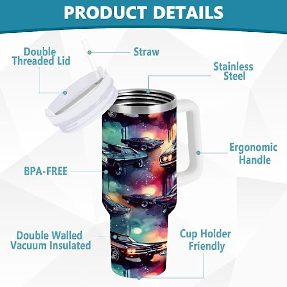 Jihqo Neon Muscle Cars 40 oz Stainless Steel Vacuum Insulated Tumbler with Handle and Straw Lid, Leakproof Water Bottle Double Wall Travel Mug Coffee Cup, Cupholder Friendly