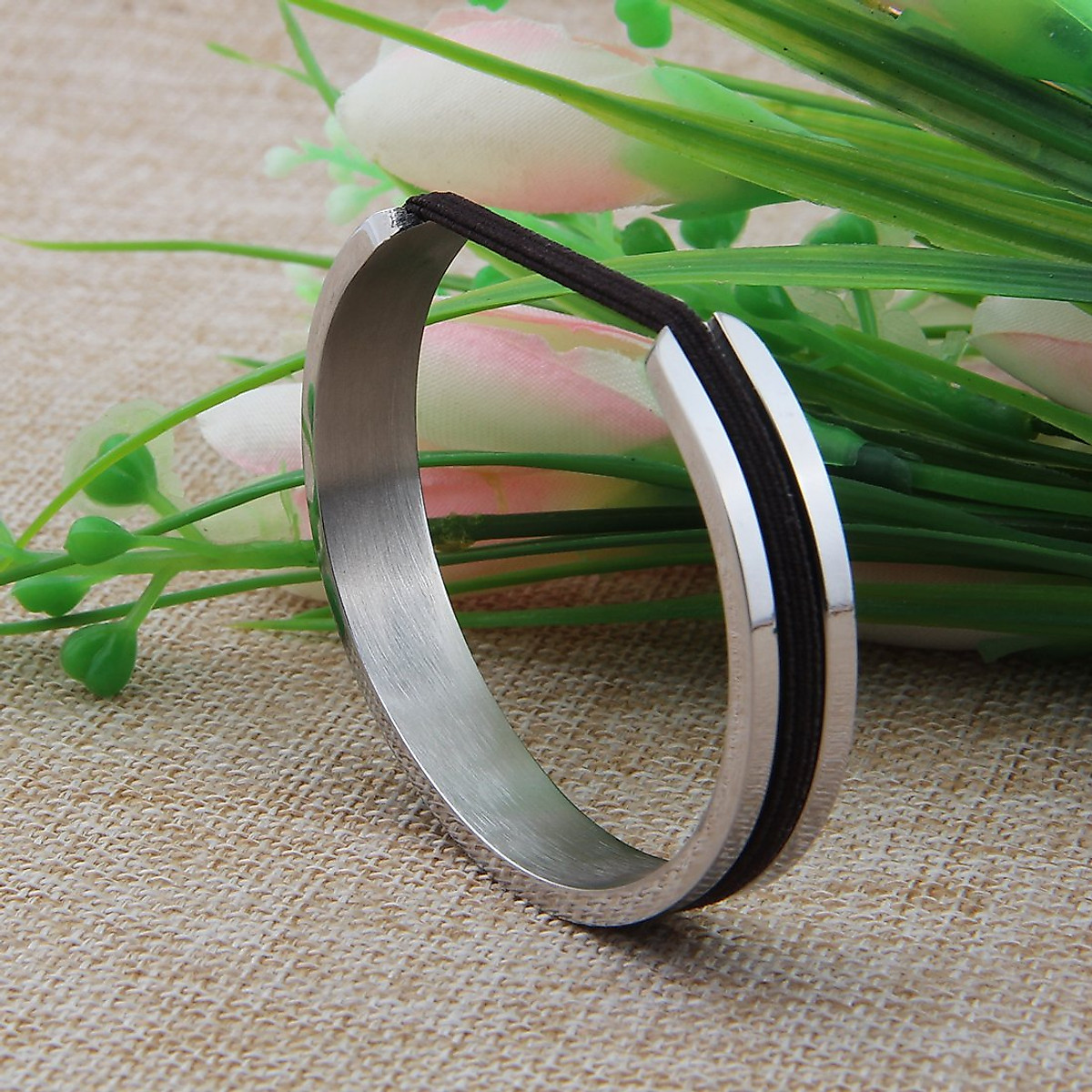 Zuo Bao Handstamped Inspirational Message Hair Tie Bracelet Stainless Steel Grooved Cuff Bangle for Women