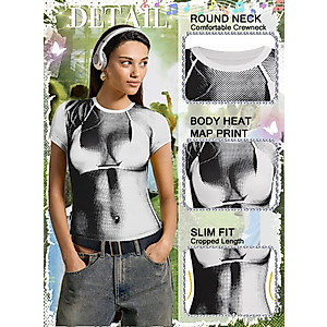 Women's 3D Body Print Crop Tops - Y2k Bikini Boob Graphic Tee Shirt Aesthetic Heat Map Sexy Festival Concert Outfit(ShortWhite,XL,10821e)