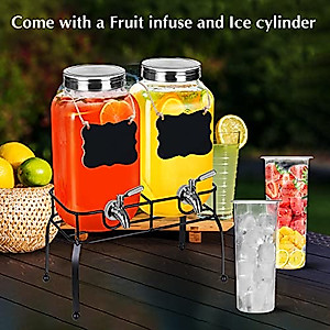 Drink Dispenser with Stand- Set of 2, 1 Gallon Glass Beverage Dispenser with Stainless Steel Spigot & Lid plus Ice Cylinder and Fruit Infuser, Drink Dispensers for Parties, Laundry Detergent Dispenser