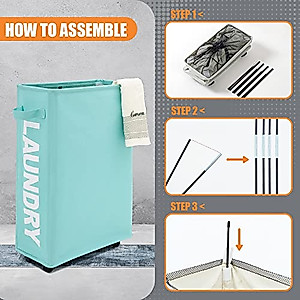 Caroeas 22" Rolling Slim Laundry Basket with Stand Foldable Waterproof Hamper and Organizer on Wheels Tall Thin Dirty Laundry Hamper Baskets Home Corner Bag Light Blue