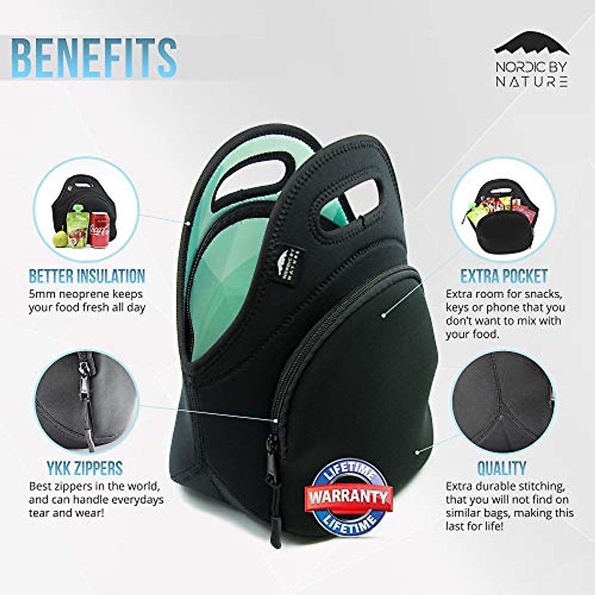Nordic By Nature Neoprene Lunch Bag For Women, Men & Kids Extra Thick Insulated Neoprene Lunch Tote With Water Bottle Sleeve Durable Reusable Machine Washable Extra Pocket YKK Zippers (Turquoise)