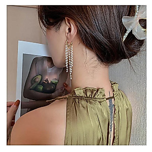 Long Pearl Earrings for Women 14k Gold Plated Pearl Dangle Tassel Earrings Sterling Silver Post Long Pearl Drop Earrings for Prom (Gold)