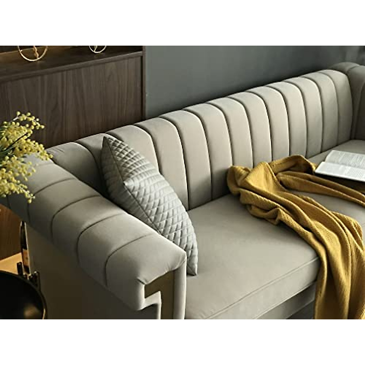 SLEERWAY Beige Velvet Couch Sofa, 84 Wide Mid-Century Modern Love Seat Tufted Chesterfield Velvet Sofa Loveseat Futon with Curved Arm Gold Leg, 3 Seat Large Comfy Couches Sofas for Livingroom (Beige)