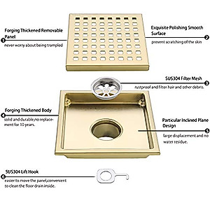 6-inch SUS304 Stainless Steel Square Shower Floor Drain with Tile Insert Grate Removable Multipurpose Invisible Look or Flat Cover,Brushed Stainless