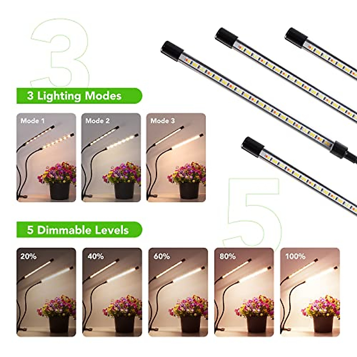 GROWSTAR Plant Lights for Indoor Growing, Full Spectrum 4 Heads Clip Grow Lamps with 10 Feet Cables for Seeding Blooming and Fruiting(2 Pack)