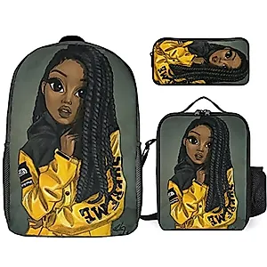 FDASLJ African American Black Girl Backpack 3 in 1 Book Bag Daypack with Lunch Bag/Box Pencil Case