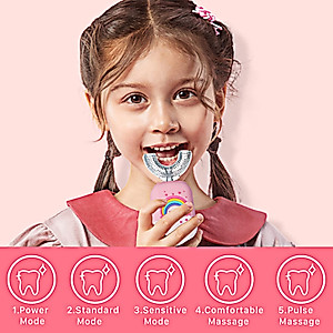 luckin smile Electric Toothbrush Kids, U Shaped Kids Electric Toothbrushes, Whole Mouth Toddler Toothbrush with 5 Ultrasonic Cleaning Modes, IPX7 Waterproof, 2-6 Year, Pink