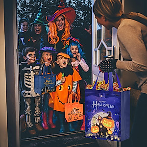 AhfuLife 6 Pcs Halloween Trick or Treat Bags, Large Halloween Candy Tote Bags with Handles, Reusable Halloween Non-Woven Gift Bags for Halloween Party Supplies Favors (15×11.8×3.9’’)