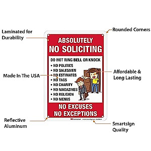 SmartSign 10 x 7 inch “Absolutely No Soliciting - Do Not Ring Bell Or Knock” Metal Sign with Graphic, 40 mil Aluminum, 3M Laminated Engineer Grade Reflective Material, Multicolor