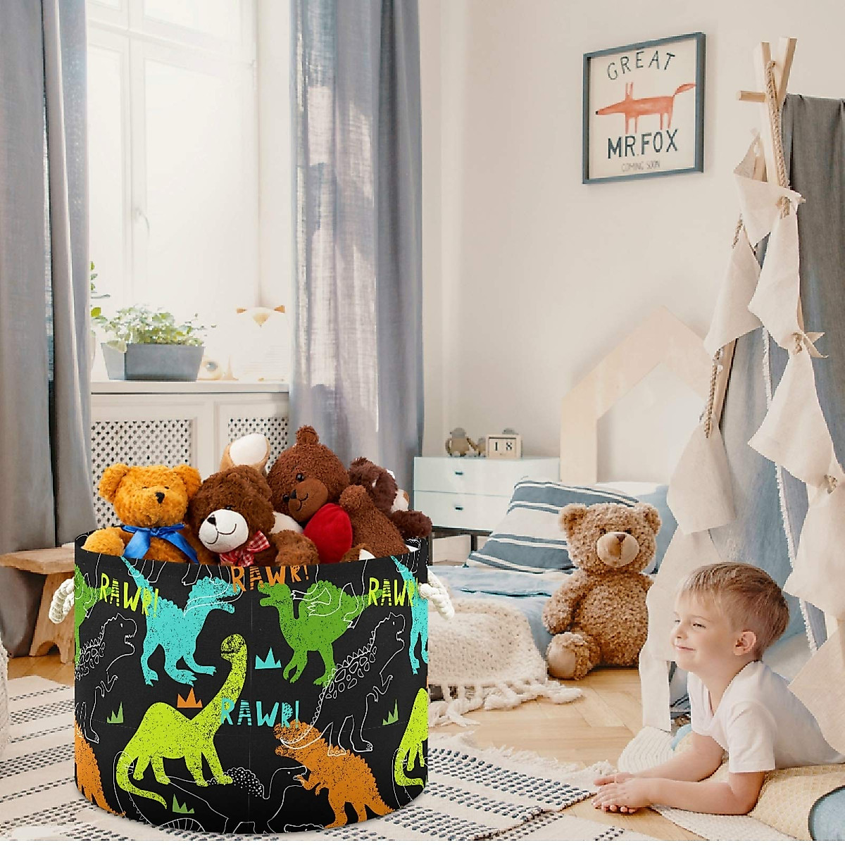 visesunny Collapsible Large Capacity Basket Dino Rawr Clothes Toy Storage Hamper with Durable Cotton Handles Home Organizer Solution for Bathroom, Bedroom, Nursery, Laundry,Closet