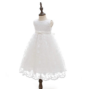 Baby Girls Floral Embroidered Overlay Sleeveless Christening Gown Baptism Tulle Dress with Bonnet Ivory Size 12M / 6-12Months
