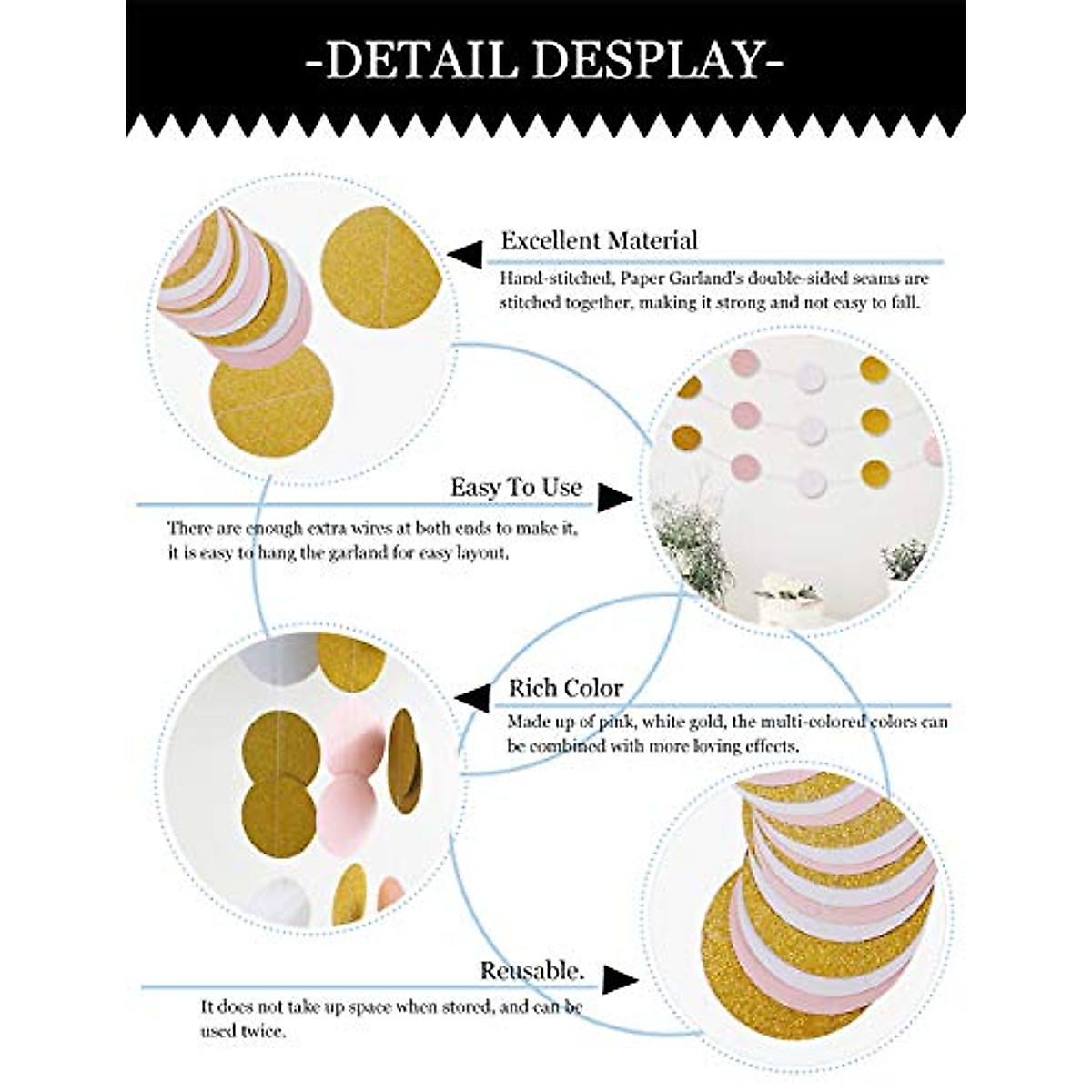 MerryNine Paper Garland, 5 Pack 50ft Glitter Paper Garland Circle Dots Hanging Decor, Paper Banner for Baby Shower, Birthday, Nursery Party Decor(Circle Polka Dots-Pink White Gold-50 Feet)