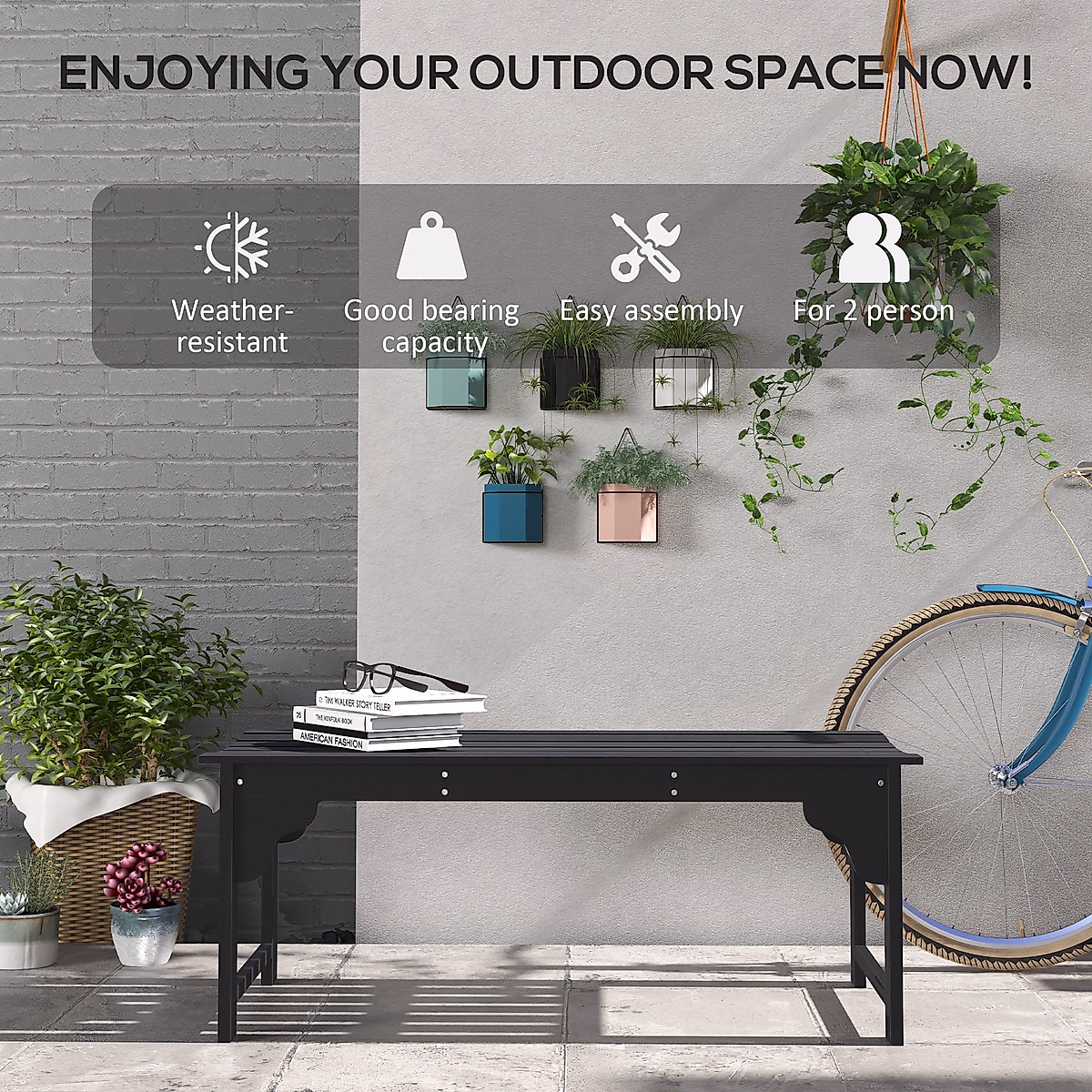 Outsunny Wooden Garden Bench, Outdoor Park Bench with Slatted Seat, Backless Front Porch Bench with Curved Seat for Conservatory, Garden, Poolside, Deck, Black