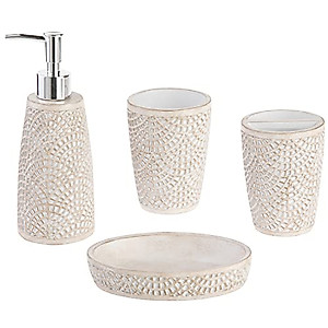 MyGift 4 Piece Vintage White Bathroom Accessories Set, Includes Lotion Pump Dispenser, Tumbler, Toothbrush Holder, and Soap Dish