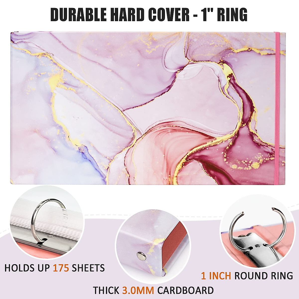 Legal-Size Binders, for 8.5 x 14 Paper, 3 Ring Binder 1 Inch, Landscape Spreadsheet Binder with Elastic Cord, Pink Marble, 2 Pack
