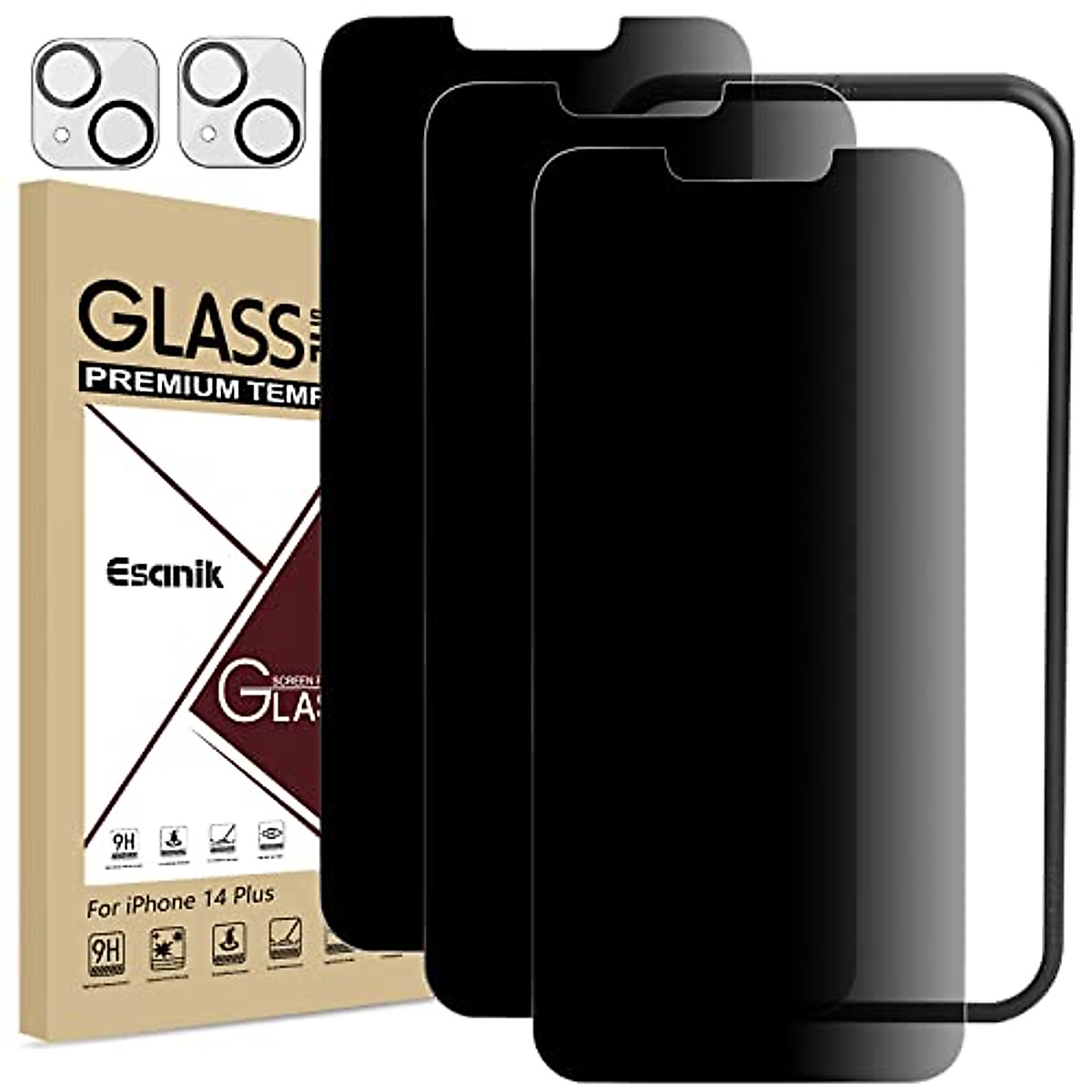 Esanik [3+2 Pack] Privacy Screen Protector for iPhone 14 Plus 6.7" Anti-Spy Tempered Glass + Camera Lens Protector, Installation Frame, 9H Hardness, Case Friendly, Easy Installation, Bubble Free