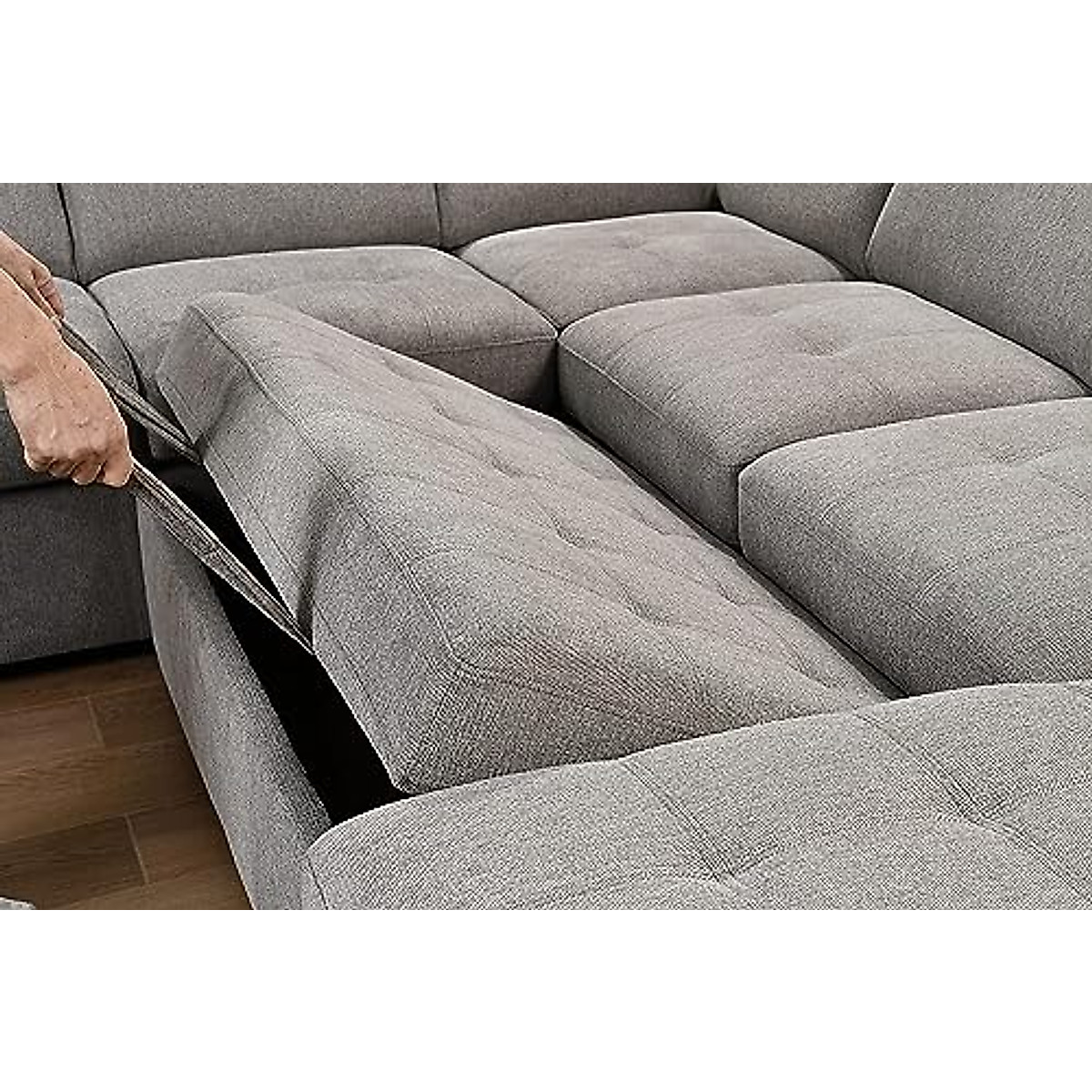 125"w U-Shaped Oversized Modular Sectional Sofa with Pull Out Sleeper Bed Adjustable Headrest and Right Storage Chaise Lounge,Convertible Upholstered Tufted Cushion 7-Seat Sofá&Couch for Large Space