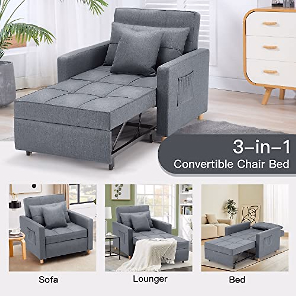 Esright 40 Inch Sleeper Chair Bed 3-in-1 Convertible Futon Chair Multi-Functional Sofa Bed Adjustable Reading Chair, Sofa, Bed, Sleeper Chair with Modern Linen Fabric, Drak Grey