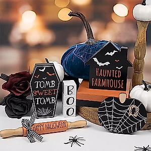 5Pcs Halloween Tiered Tray Decor Set Happy Halloween Boo Wooden Signs Cute Tomb Haunted House Rolling Pins Spiderweb Halloween Decor