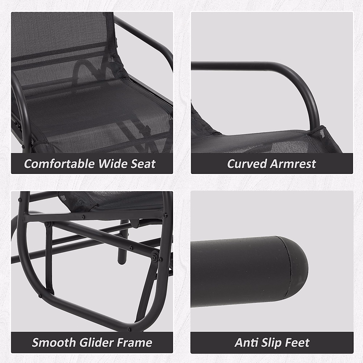 OUTGUAVA Outdoor Patio Glider Chair Porch Gliders Patio Swing Rocking Chair Metal Frame Swing Glider Chair with Breathable Mesh Fabric for Backyard Garden Porch, Black