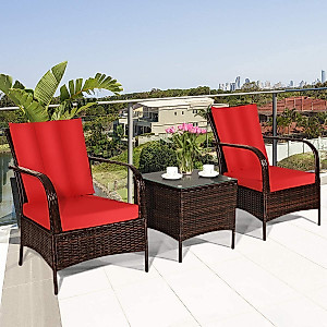 HAPPYGRILL 3-Piece Patio Conversation Set Outdoor Rattan Wicker Furniture Set with Coffee Table, PE Wicker Sofa Set with Soft Cushion & Back Pillow for Patio Garden Poolside