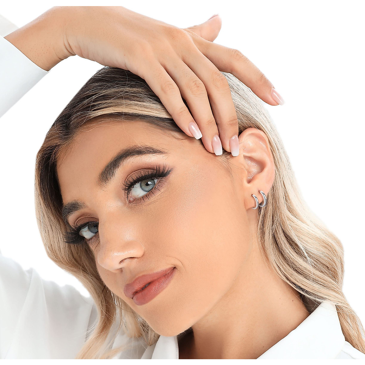 3 Pairs 925 Sterling Silver Hoop Earrings 14K White Gold Plated Small Silver Hoop Earrings for Women Huggie Cartilage Hoop Earrings for Women Men (8 10 12MM)