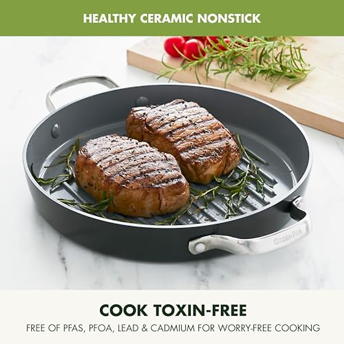 GreenPan Valencia Pro Hard Anodized Healthy Ceramic Nonstick 11" Grill Pan, PFAS-Free, Induction, Dishwasher Safe, Oven Safe, Gray