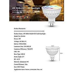 LGIDTECH FUT104 Miboxer 4W MR16 Led 2.4GHz Bulb Spotlight GU5.3 Socket AC/DC 12V RGB+CCT Color and Temperature Changeable Dimmable,But Single Bulb Wouldn't Work.Controller and Hub is Sold Separately