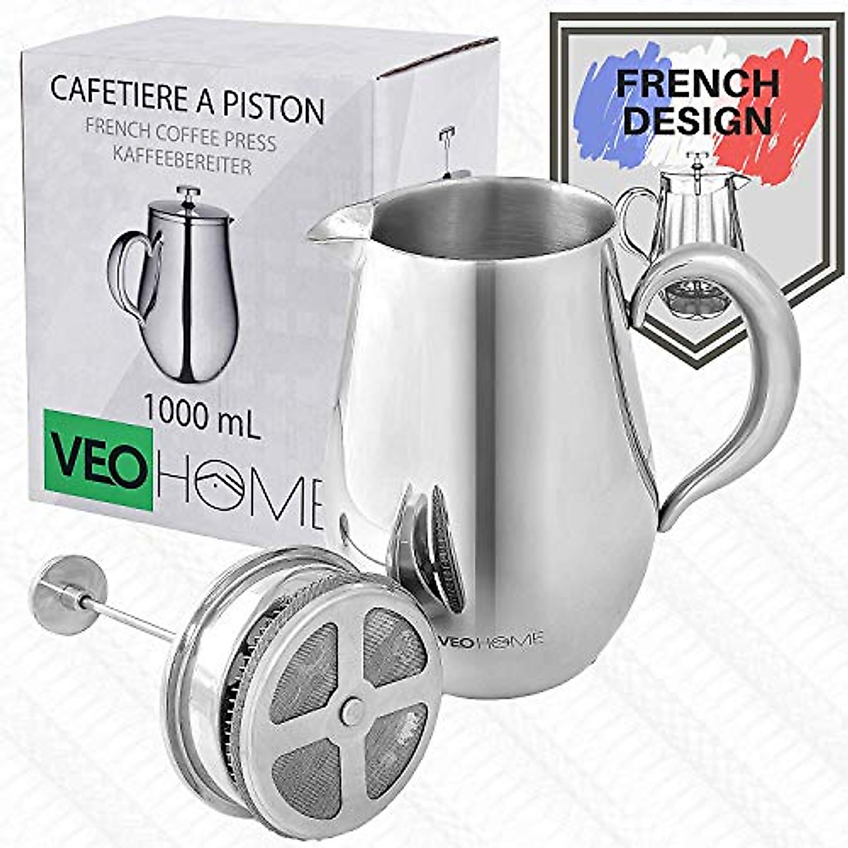 Cafetiere French Press Coffee Maker by VeoHome -Stainless steel Unbreakable and keeps coffee hotter for a long time thanks to its double wall (1 Liter)