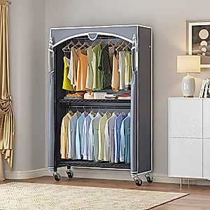 VIPEK R2C Plus Heavy Duty Rolling Garment Rack with Cover Adjustable Clothing Rack for Hanging Clothes Portable Closets with Double Rods, Wardrobe on Wheels, Black Rack with Grey Clear Window Cover