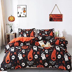 Halloween Duvet Cover Queen Size Pumpkin Bedding Set Cartoon Ghost Candy Comforter Cover for Kids Room Decor Black Bedding with 1 Duvet Cover 2 Pillowcases