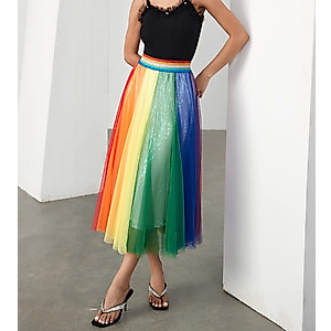 Dwirapal Sequin Long Tulle Skirt 4 Layered Flowy Fairy Sparkle Party Mesh Tea Length Big Hem Skirts for Women