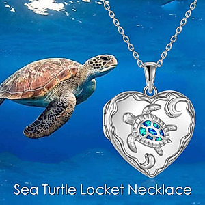 WINNICACA Sea Turtle Necklace for Women, Sterling Silver Heart Locket Necklace with Created Opal, 18+2 inch Rolo Chain, Picture Locket Necklace for Girls, Christmas Gifts for Mom