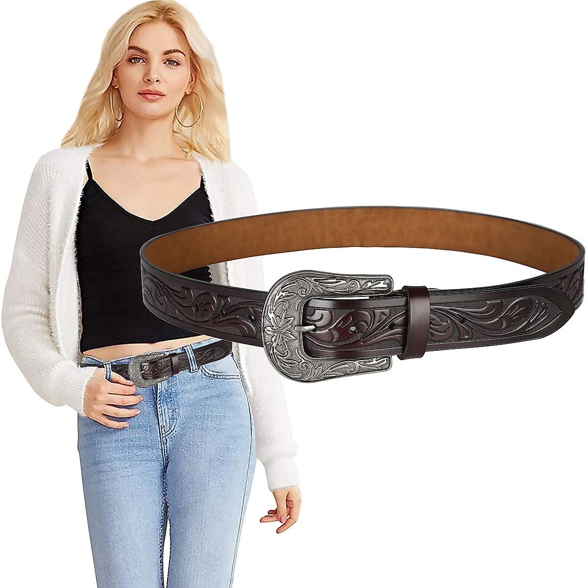Ssumday Western Cowboy Coffee Style Leather Belts for Women Female Girl Ladies Men Cowgirl Belt Jeans Pants with Vintage Silver Buckle(ZYHCO-M)