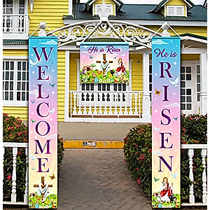He is Risen Porch Sign-Religious Easter Supplies,3pcs Jesus Resurrection Easter Door Sign Banners,Happy Easter Front Door Welcome Hanging Banner for Spring Easter Decoration