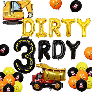 Wonmelody Construction 3rd Birthday Party Decorations Dirty 3rdy Dump Truck Balloon Banner Party Decorations Black Gold Excavator Roadblock Barricade Construction Decors for 3rd Years Old Boy