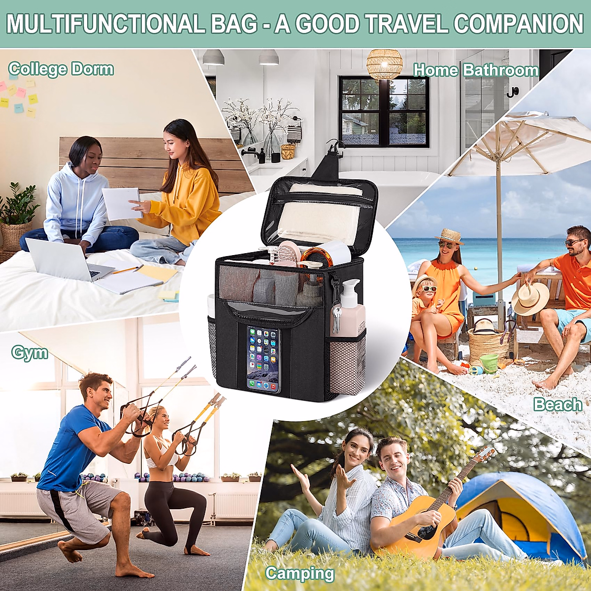 Portable Shower Caddy Dorm, Large Capacity Shower Caddy Tote Bag for College Dorm Room Essentials, Quick Dry Hanging Toiletry Bag for College Student Bathroom Camping Gym Travel Essentials (Black)