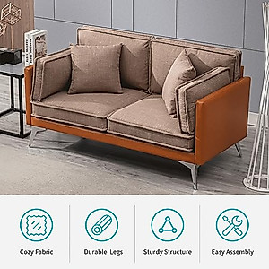 CECER Loveseat Sofa Couches for Living Area, Luxurious Modern 2 Seater Sofa with Faux Leather Frame, Mid Century Linen Upholstered Sofa Couch with 2 Accent Pillows for Bonus Room Office, Orange