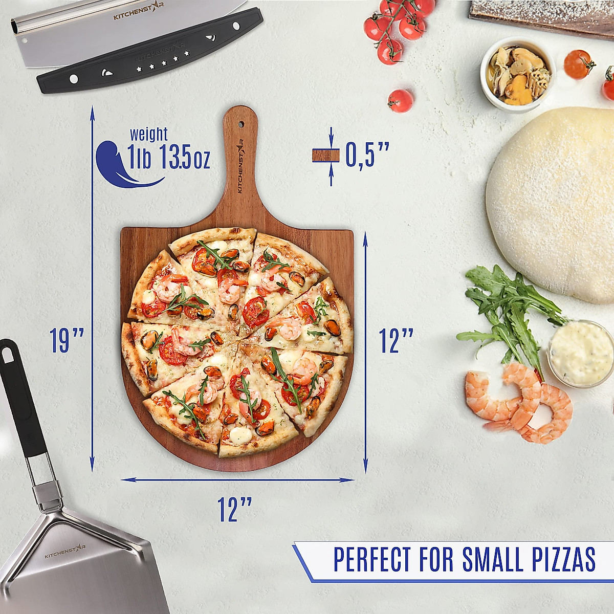 KitchenStar Pizza Stone for Oven and Grill 12 inch + Acacia Wood Pizza Peel 12" - Pizza Making Set Bundle - Premium Pizza Oven Accessories and Tools
