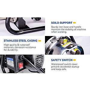 Acquaer 1HP Portable Shallow Well Pump Garden Pump, Stainless Steel, 998GPH, 115V Sprinkler Pump Water Transfer Draining Irrigation Pump for Water Removal/Lawn Garden