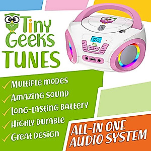 TinyGeeks Tunes Kids Boombox CD Player for Kids New 2023 + FM Radio + Batteries Included + Cute Pink Radio cd Player with Speakers for Kids and Toddlers