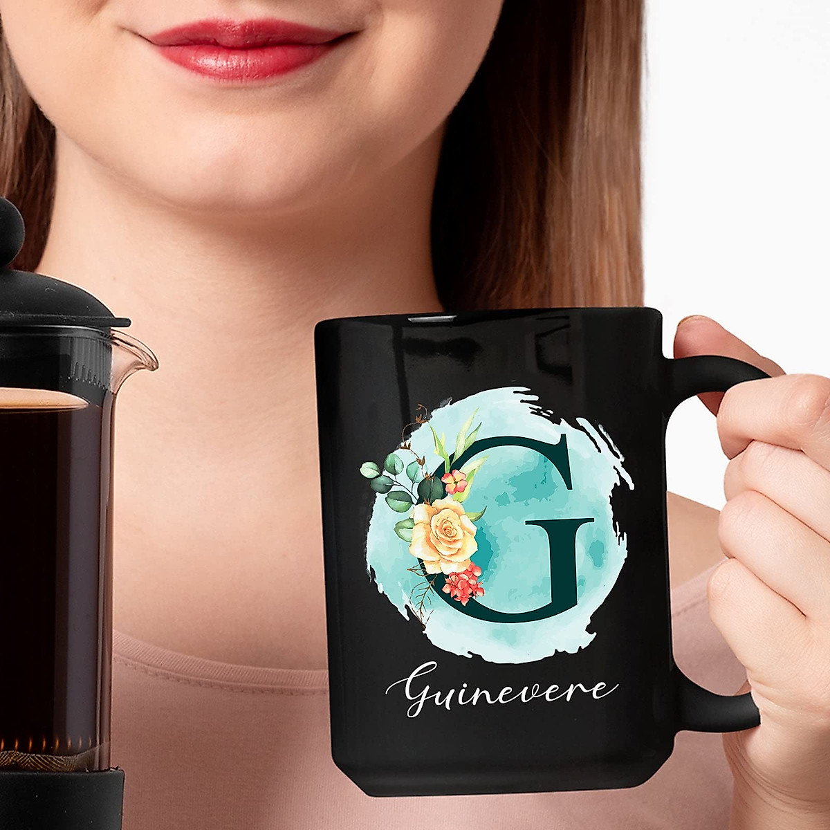 Initial Name Coffee Cup, Flower Ceramic Mug, Present For Friends, Custom Floral Ceramic Mug Gift For Birthday, Floral Coffee Cup, Initial Floral Alphabet Coffee Mugs, Black Tea Mug 11Oz Or 15Oz