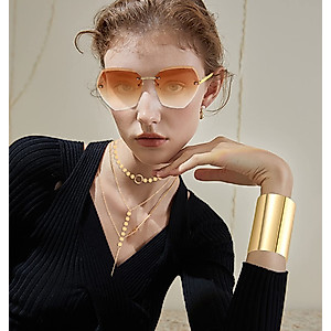 FIRAZIO 7 Pieces 70s Disco Accessories Costume Jewelry Set For Women Rimless Diamond Cutting Sunglasses Gold Cuff Bangle Bracelet Layered Choker Necklace Disco Earrings