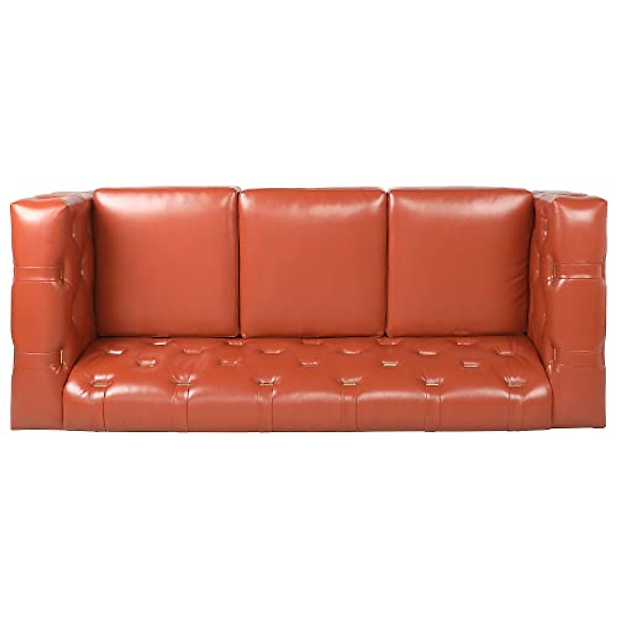 LEVNARY Modern Chesterfield Sofa Leather, Tufted Upholstered 3 Seater PU Couch, 84 Inches Settee Sofa with High Arm and Golden Metal Legs, Couches for Living Room Bedroom Office (Orange)