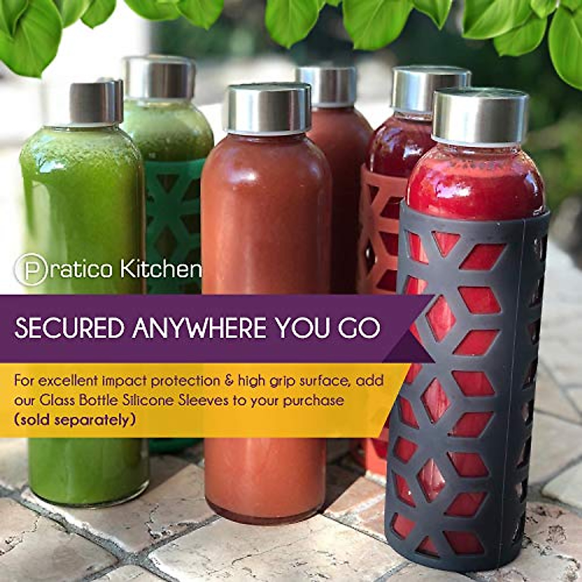 Pratico Kitchen 18 oz.Leak-Proof Clear Glass Bottles, Juicing Containers, Water / Beverage Bottles - 6-Pack