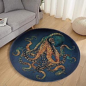 LUCKYLEI Gold Blue Octopus Vintage Rug Octopus Octopus Plush Bathroom Decor Rug Bathroom Floor Rug Indoor Outdoor Octopus Rug Decorative Floor Mat 23.5 diameter inches