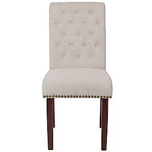 Flash Furniture HERCULES Series Beige Fabric Parsons Chair with Rolled Back, Accent Nail Trim and Walnut Finish