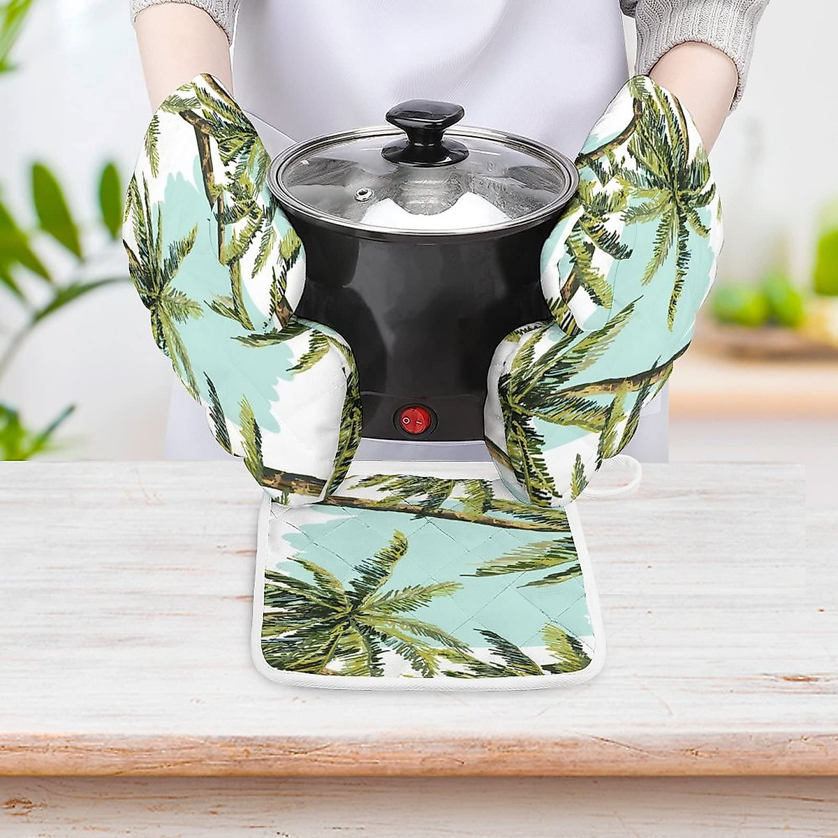 Palm Tree Oven Mitts and Pot Holders Sets of 3,Kitchen Gift Heat Resistant Non Slip Hot Pads & Oven Mitts Set for Cooking BBQ Grilling Baking